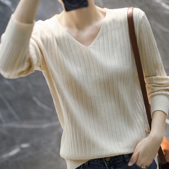 AAA Soft Wool Sweaters Top Long Sleeve V-Neck Knitted Top Casual Blouse ...