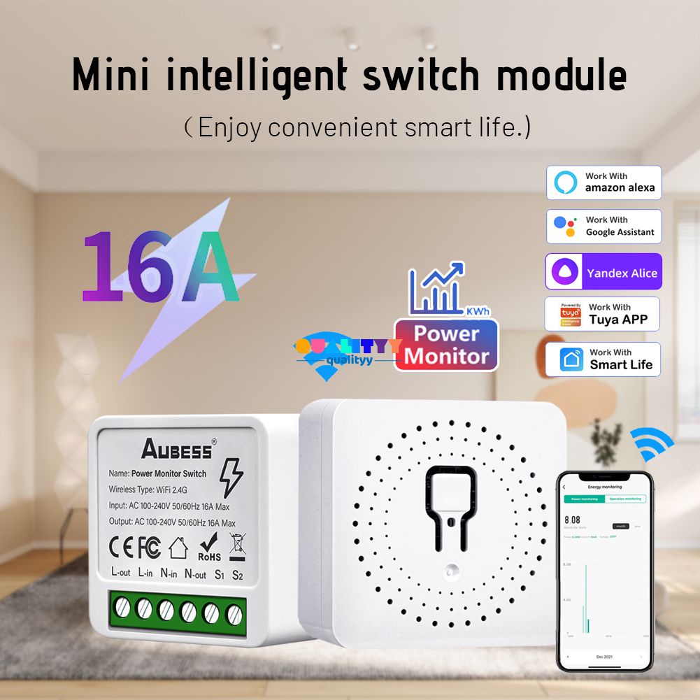 Aubess Tuya Wifi Mini Smart Energy Monitor Switch Module 16a Support 2-way Control Timer ...