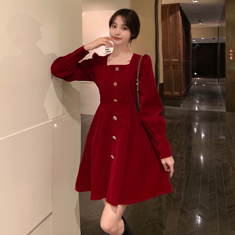 Christmas Red Dress Square Neck Niche Temperament Velvet Skirt Annual ...