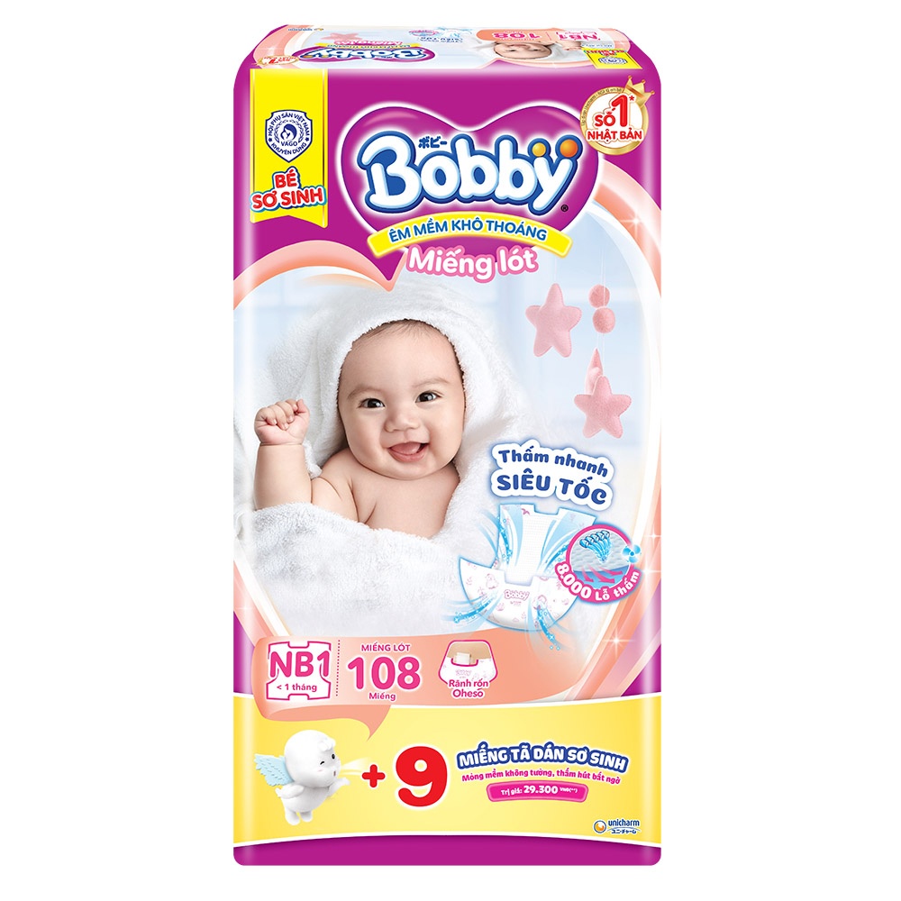 Bobby NewBorn 1 NewBorn pads 108 pieces (Comes with 6 diapers that open ...