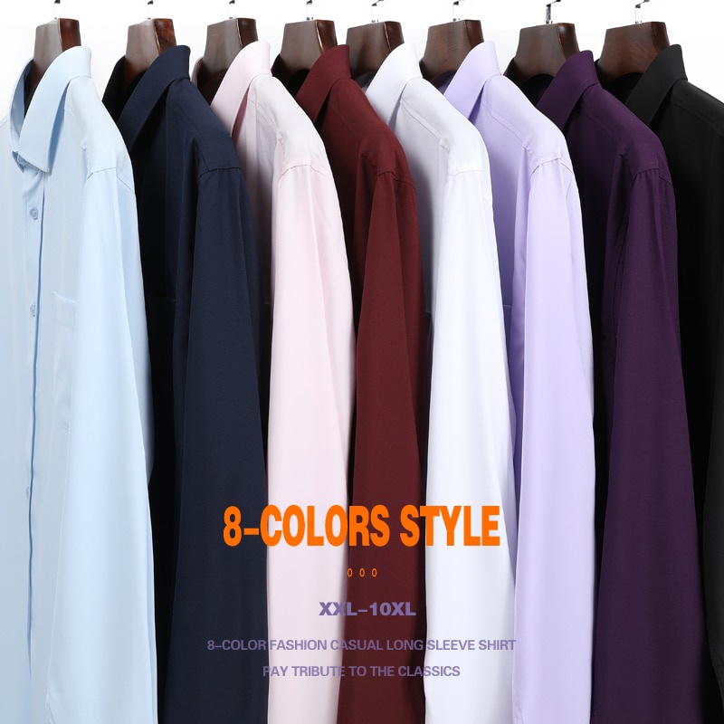 【Plus Size】12XL Big 5XL 6XL 7XL 8XL 10XL Men's Solid Color Long Sleeve Shirt Classic Business ...