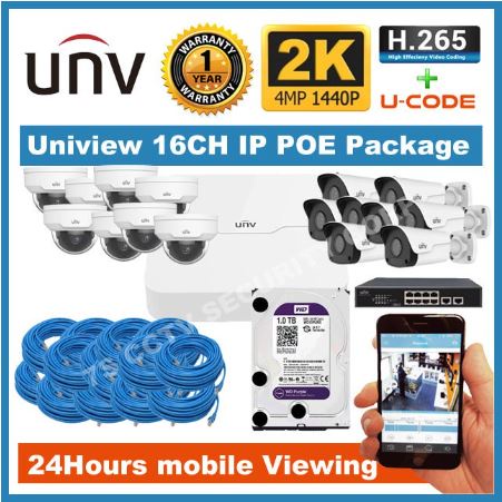 Uniview 16CH POE IP CCTV Package 16Channel NVR 4MP(2K) Indoor and Outdoor Mobile viewing ...