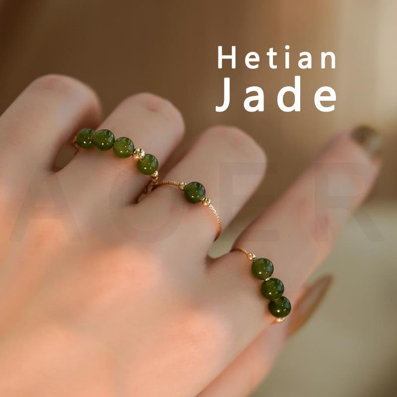 18K Gold Turquoise Natural Hetian Jade Beads Sweet Ring For Women [AOER ...