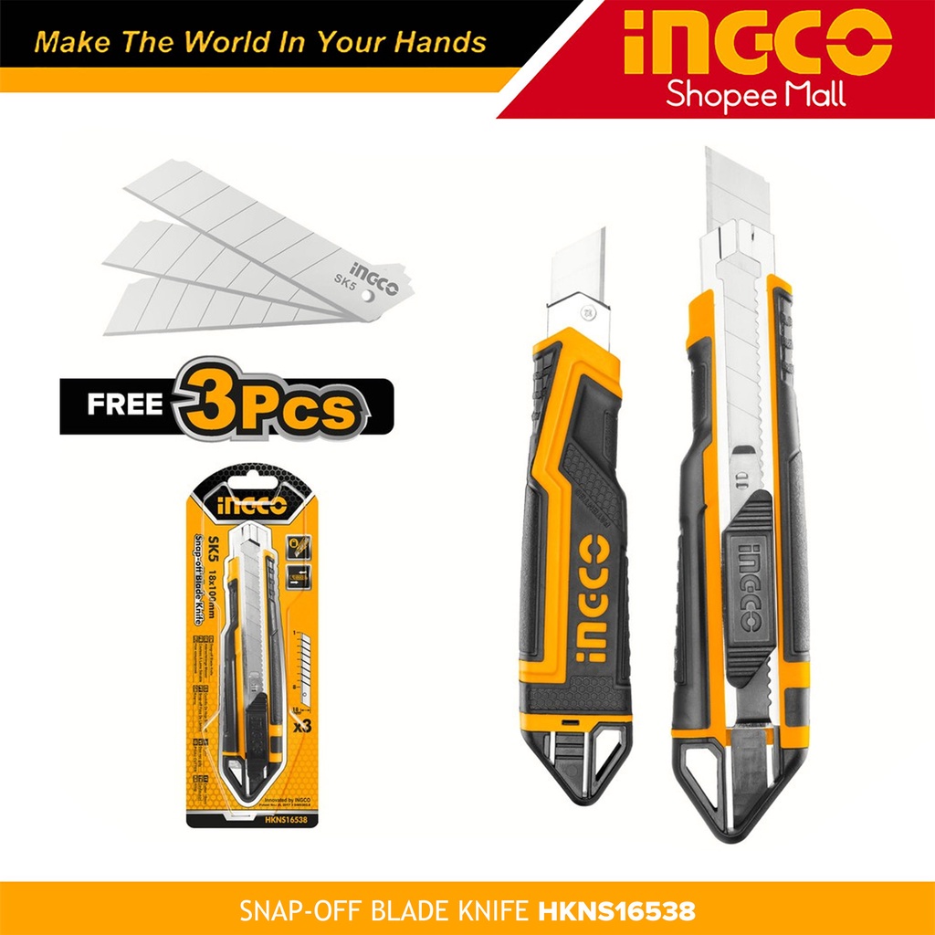 Ingco Industrial Snap Off Blade Cutter Knife (18x100mm) with 3pcs SK5 ...