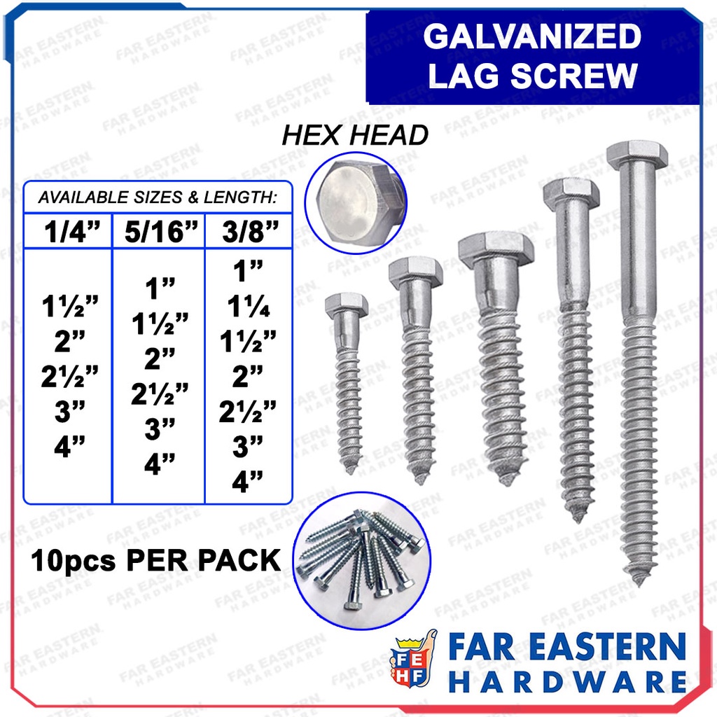 Galvanized Lag Screw Bolt G.I Lagscrew Hex Head 1” 1-1/4 1-1/2” 2” 2-1/ ...