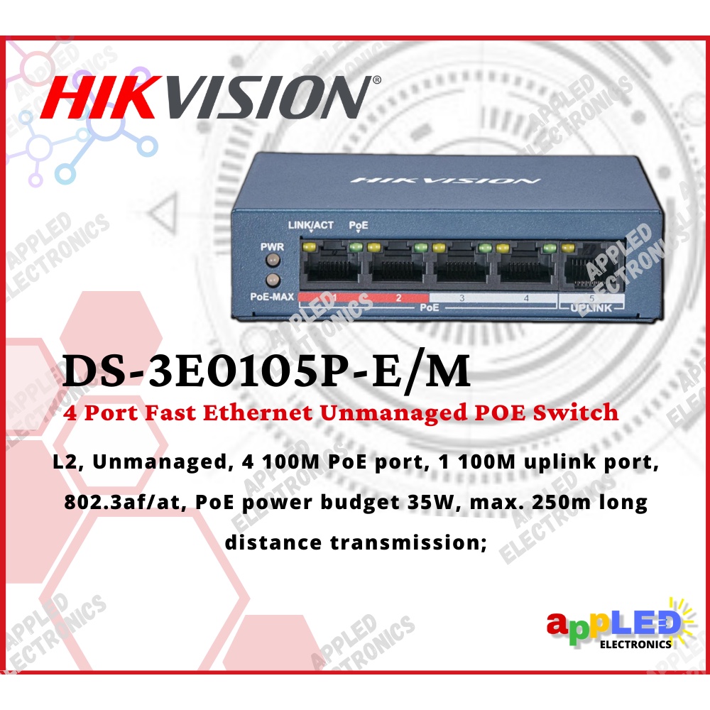 Hikvision DS-3E0105P-E/M 4 Port Fast Ethernet Unmanaged POE Switch | Shopee Philippines