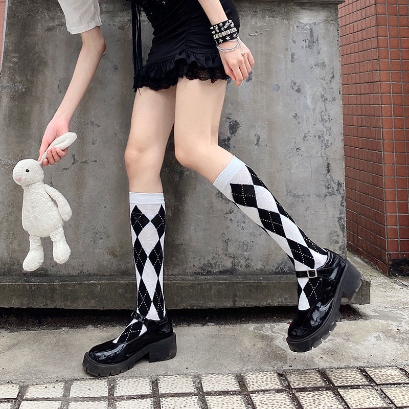 Japanese Korean Women Jk Calf Socks Retro Vintage College Diamond Over ...