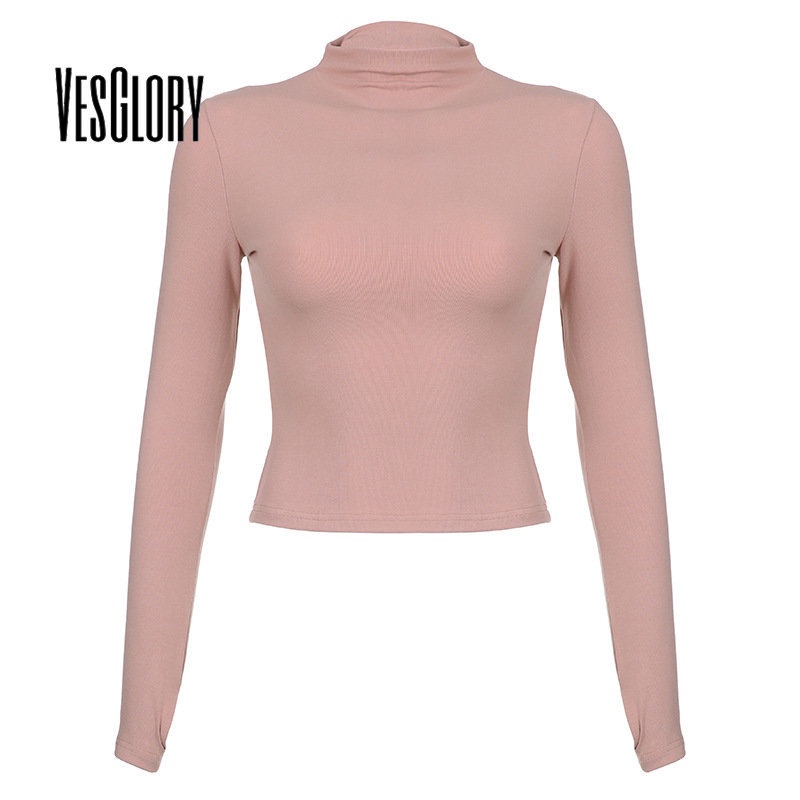 Vesglory Womens Round Neck Fashion Sexy Solid Color Half High Slim Long Sleeve T Shirt Shopee