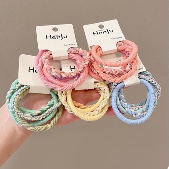 5 in 1 Macaron color head rope high elastic bold simple hair ring tied ...