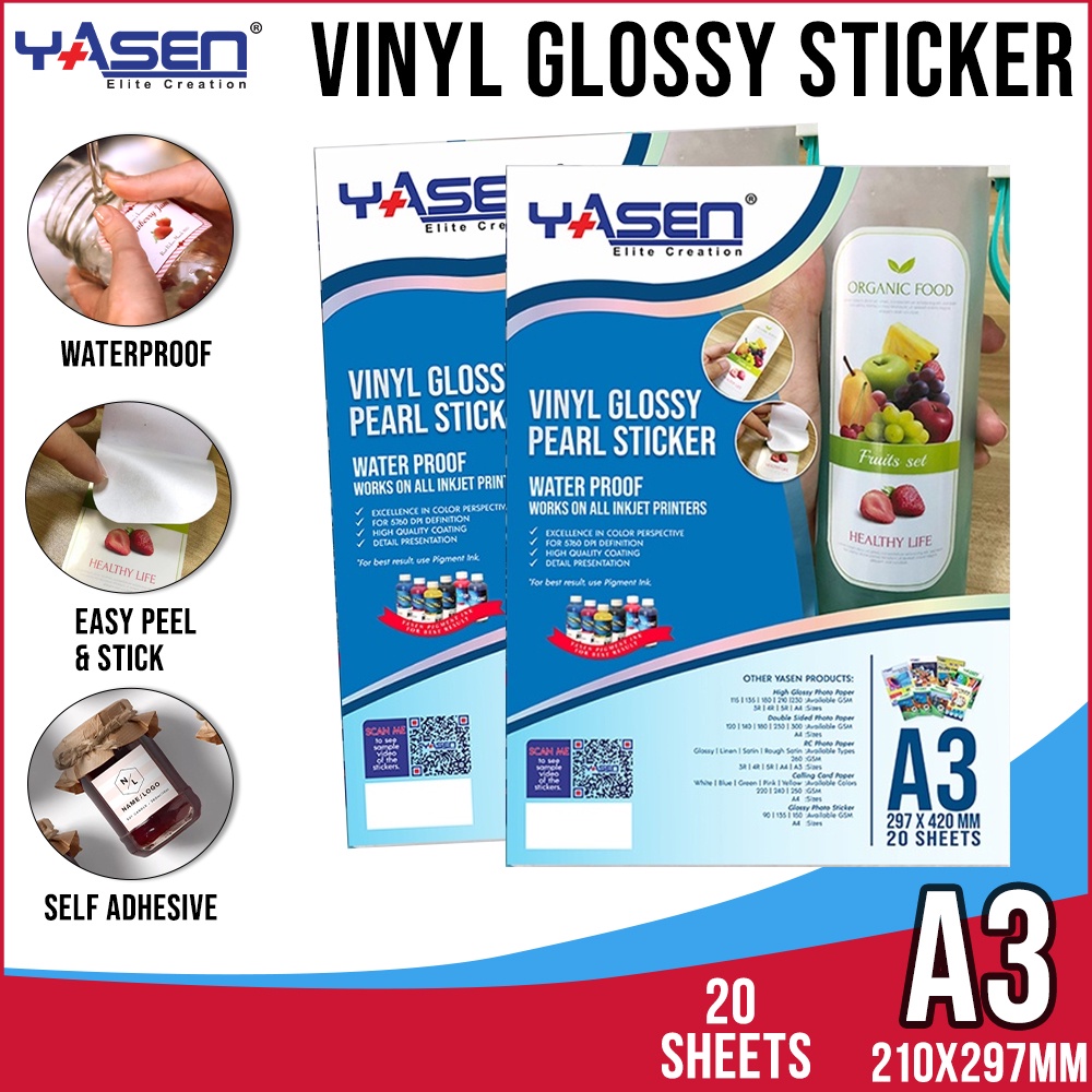 Yasen Vinyl Pearl Sticker Waterproof A3 Size (Glossy) 20 Sheets ...
