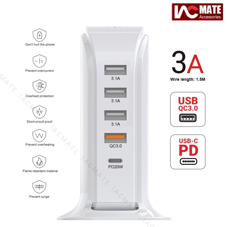 Wall Charger 5 USB Ports( 20W Quick Charge QC3.0 Type C PD), USB ...