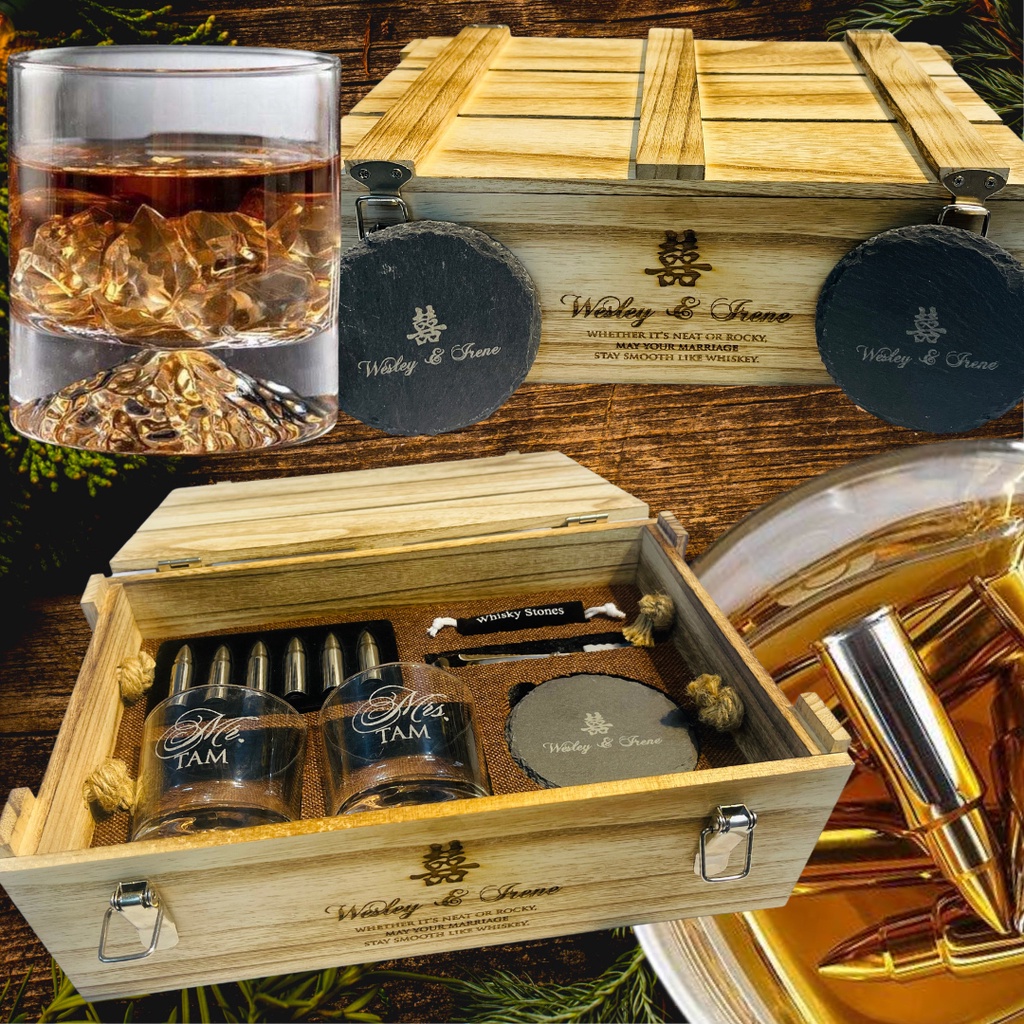 PERSONALIZED Engraved Whiskey Bullet Crate Gift Set Glass Stainless ...