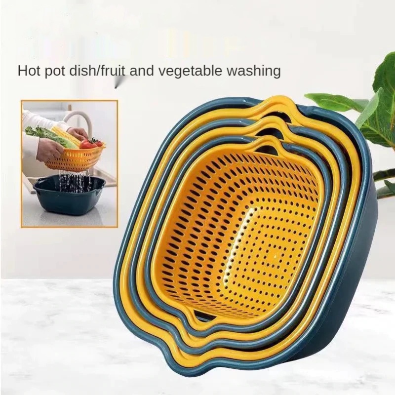3 PCS Double Layer Drain Bucket Fruit Vegetable Washing Strainer Basin ...