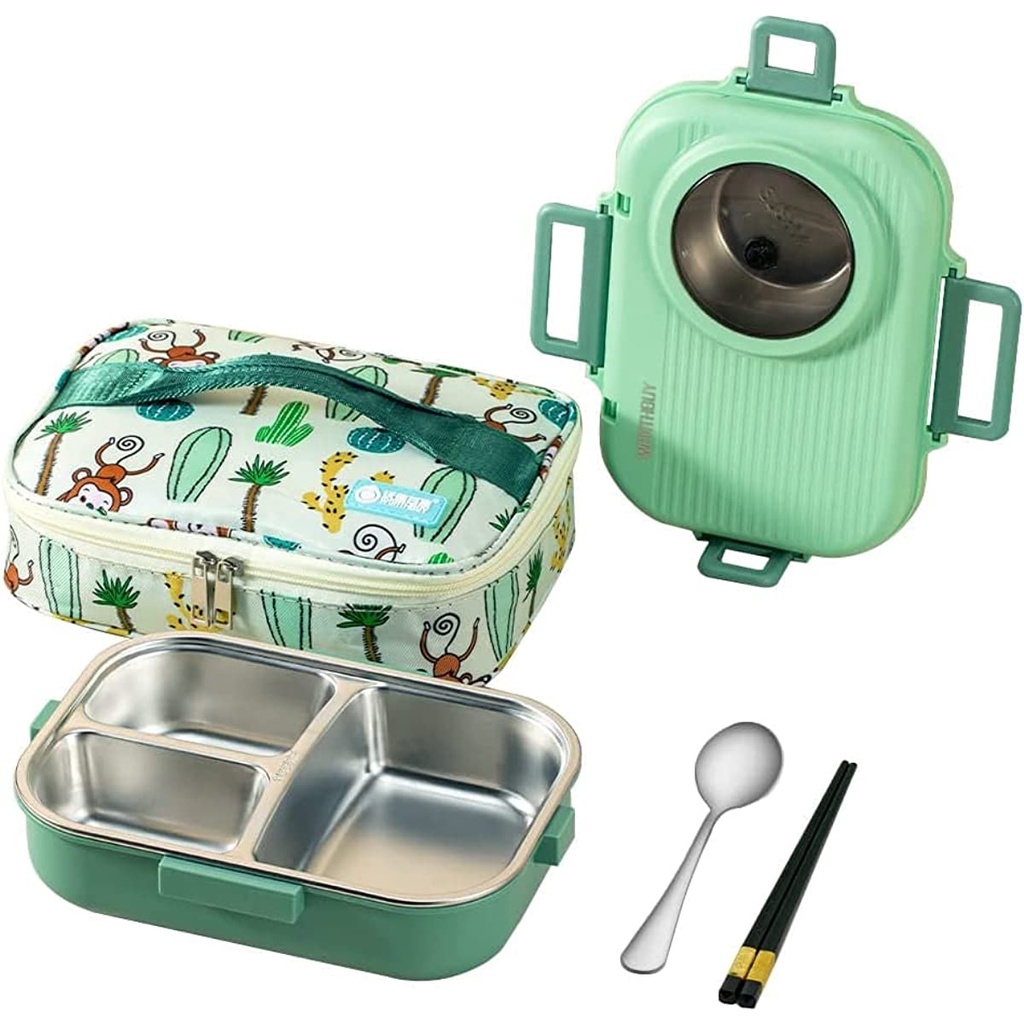 Bento Lunch Box Stainless Steel with Utennsil & Bag - 3 Compartment ...