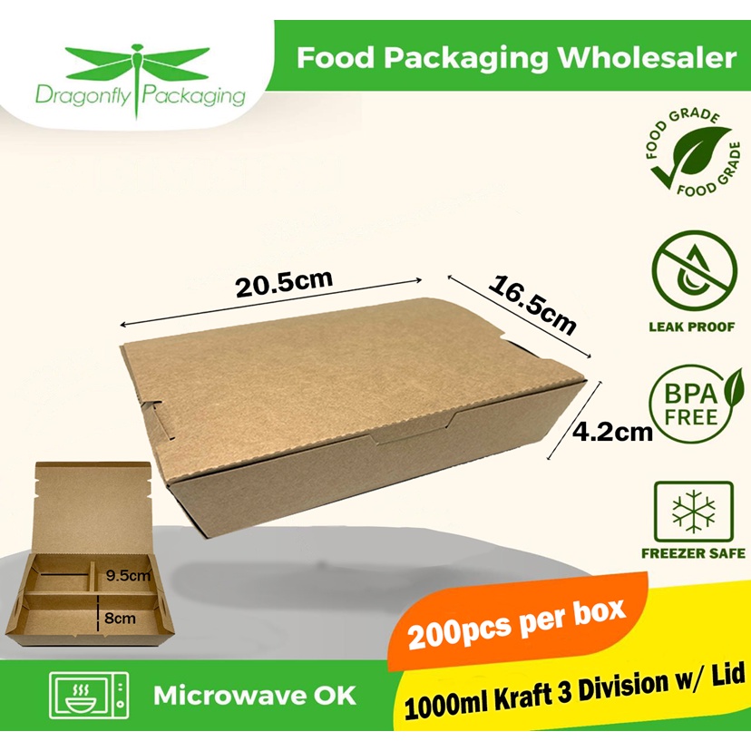 [Wholesale] Dragonfly 1000ml Kraft Takeout Box 3 Division With Lid ...