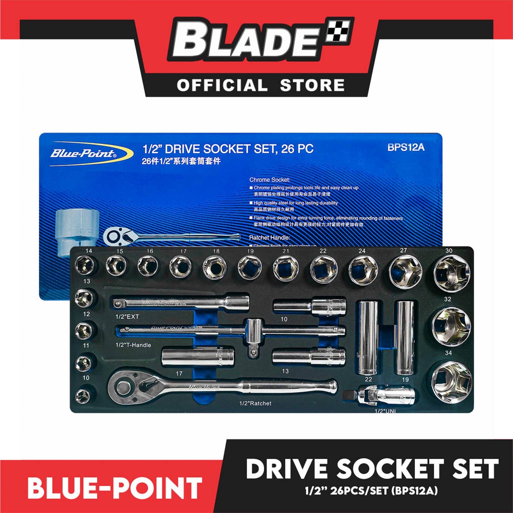 Blue-Point 1/2' ' Drive Socket Set (BPS12A) Set Of 26pcs, Chrome Socket ...