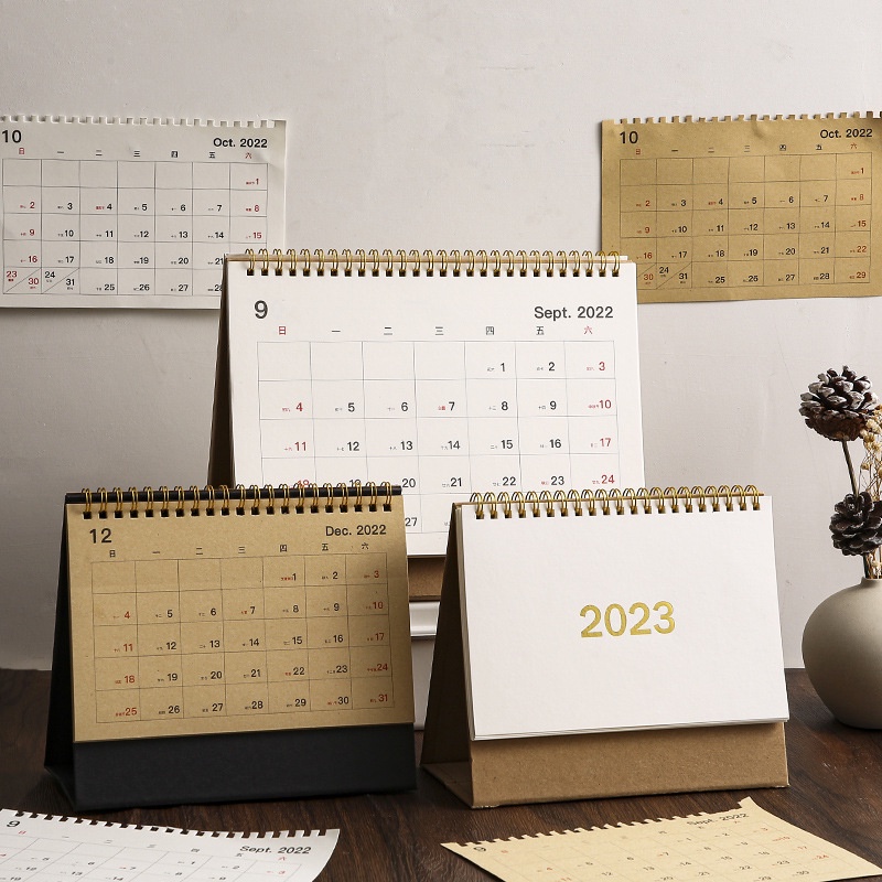 2023 Simple Minimalist Ring Bound Plain Black Kraft White Desk Calendar ...