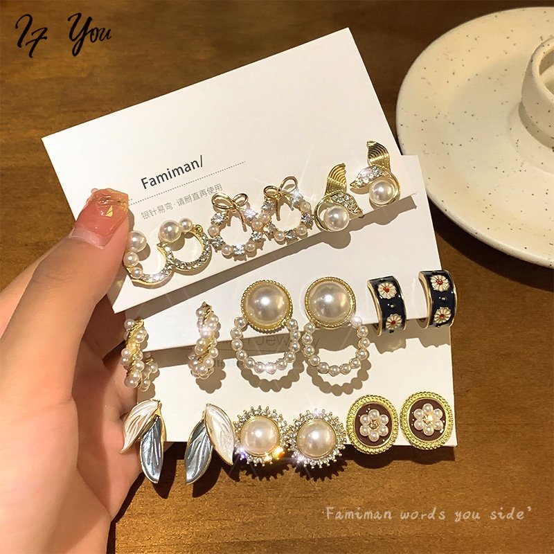 AY (CN) Fashion Pearl Crystal Earring Set Shining Gold Stud Earrings ...