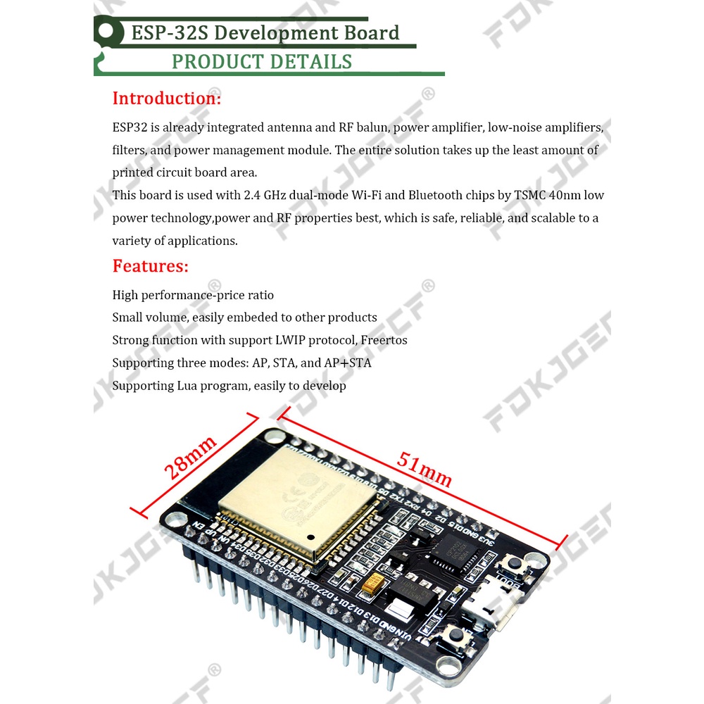 ESP-32S Development Board ESP-WROOM-32 ESP32 ESP-32 Bluetooth and WIFI Dual Core CPU with Low ...