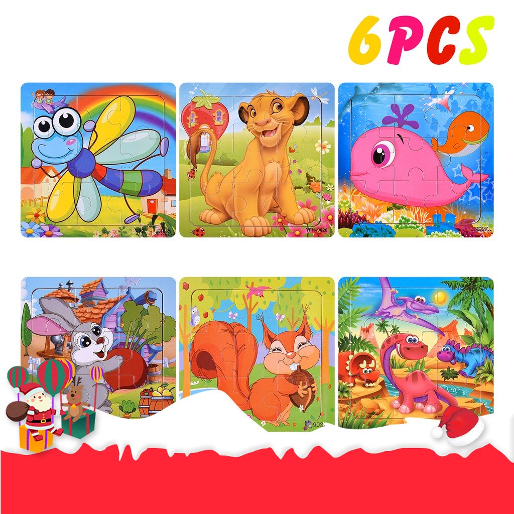 KUUQA 6Pcs Early Learning Wooden Puzzle Board Cartoon Animal Jigsaw ...