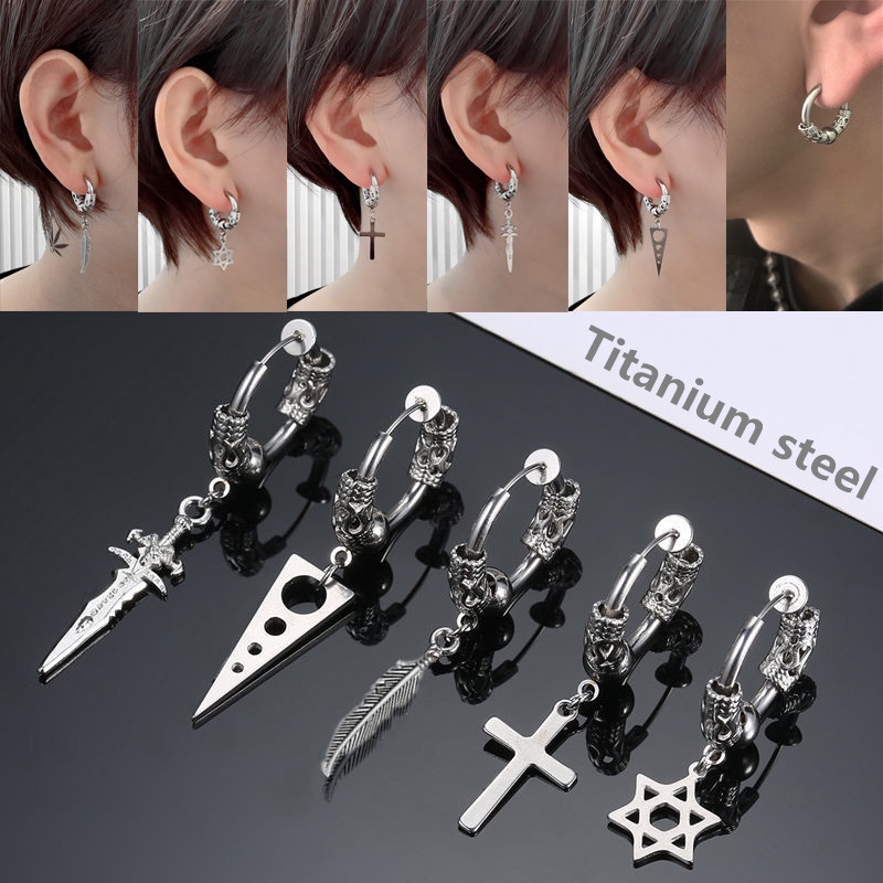 Retro Dragon Pattern Stainless Steel Earrings Earbone Cone Cross ...