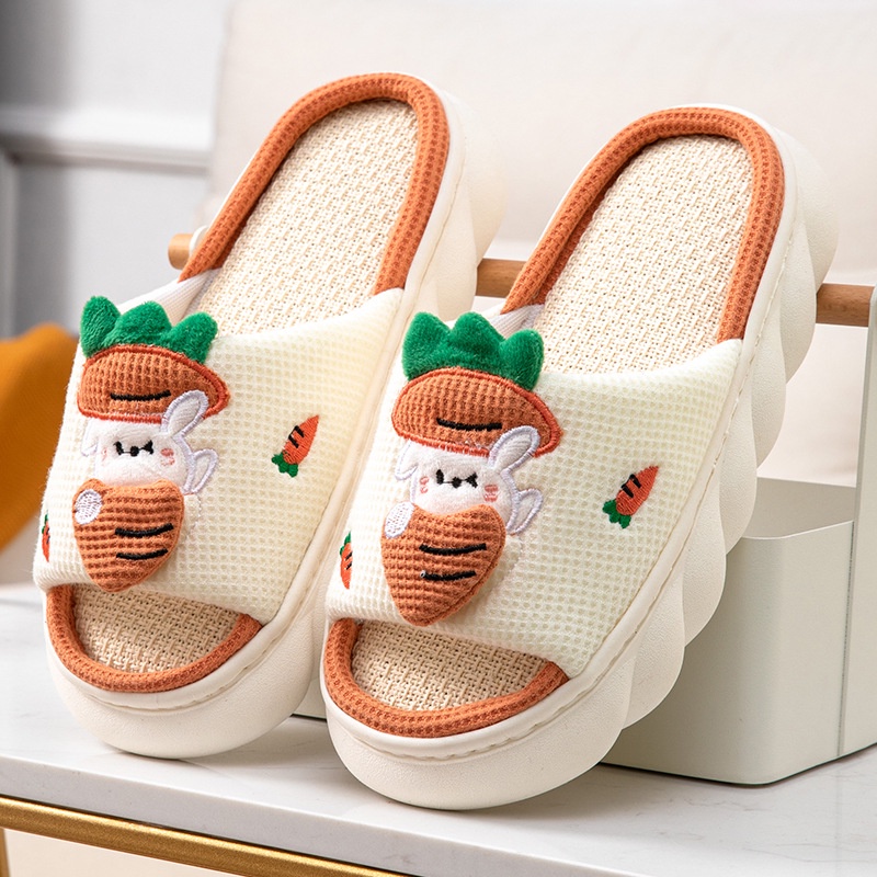 Cute Frog Cow Carrot Women Home Linen Anti-slip Thick Bottom Slippers ...