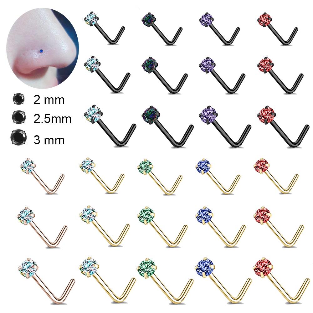 1 PC 2/2.5/3mm Cubic Zircon L-Shape Nose Piercing Multicolor Crystal ...