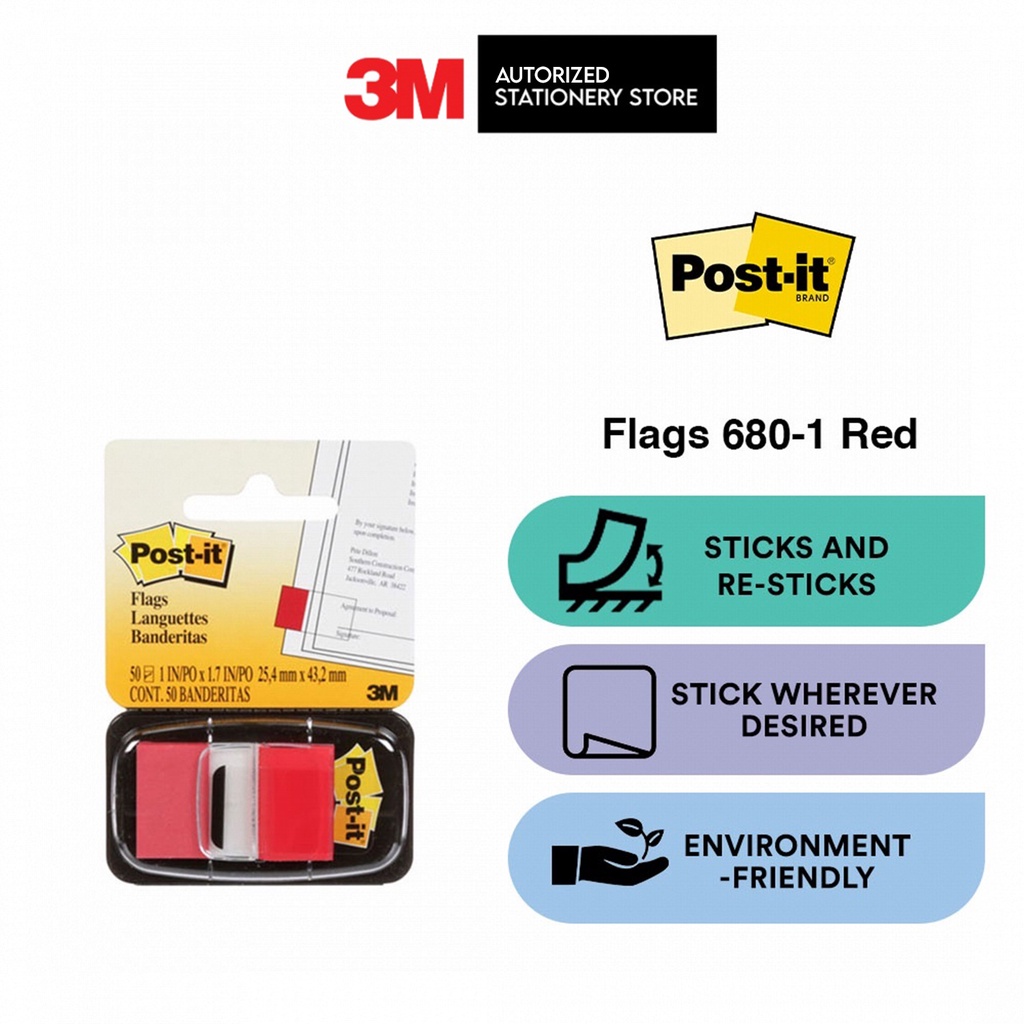 3M Post-It® Flags, 1X1.7IN, 50FL/PD, 36/CV 680-1 Red [MP6801] | Shopee ...
