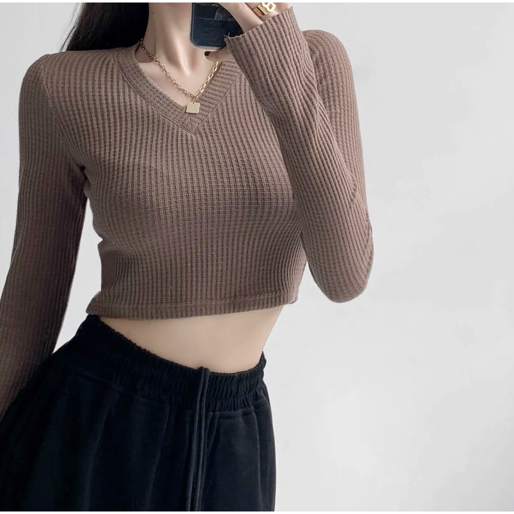 SS Vana V Neck Tops Long Sleeve Waffle Crop Top Blouses | Shopee ...