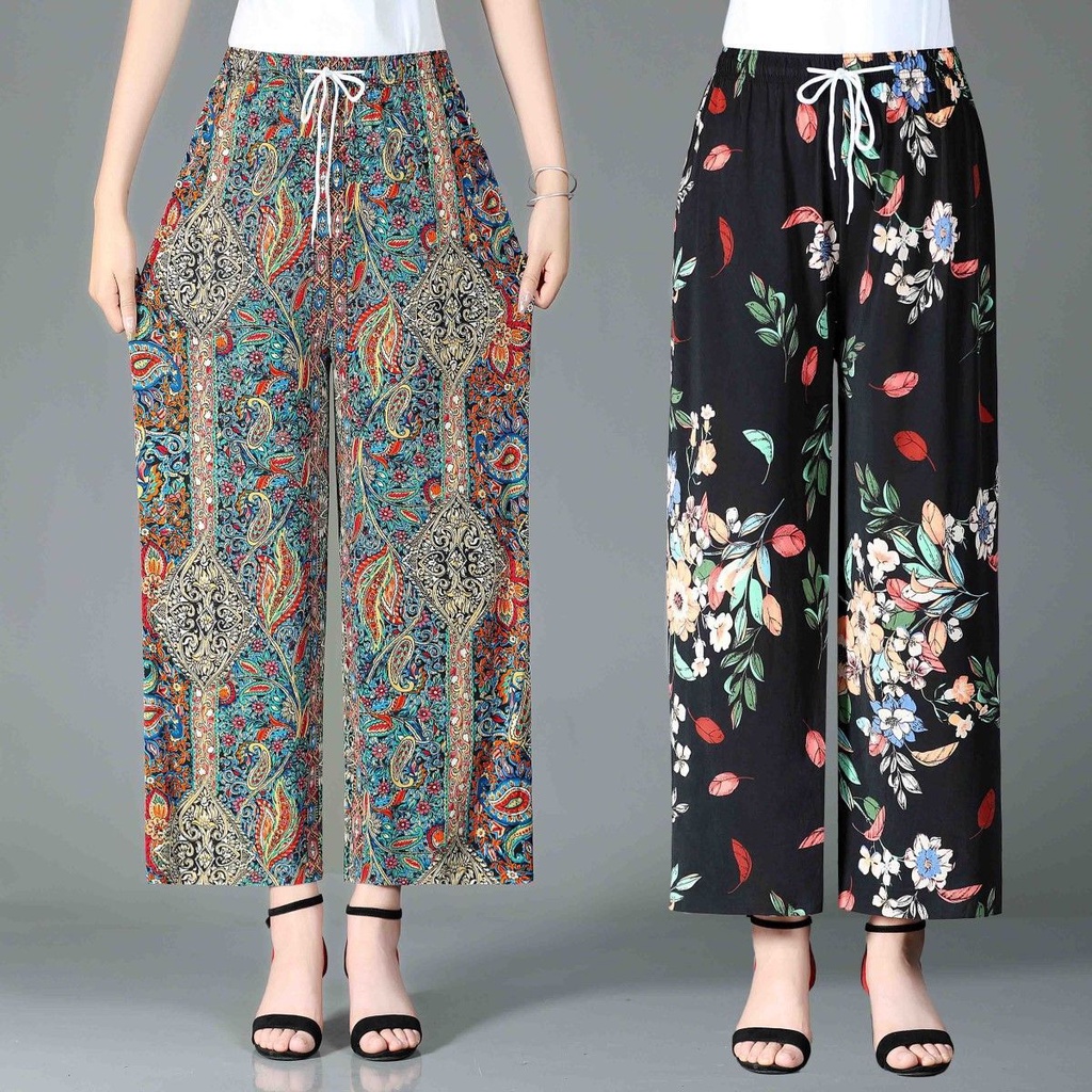 Women Ice Silk Straight Leg Pants Drawstring Waist Cool Long Mother ...