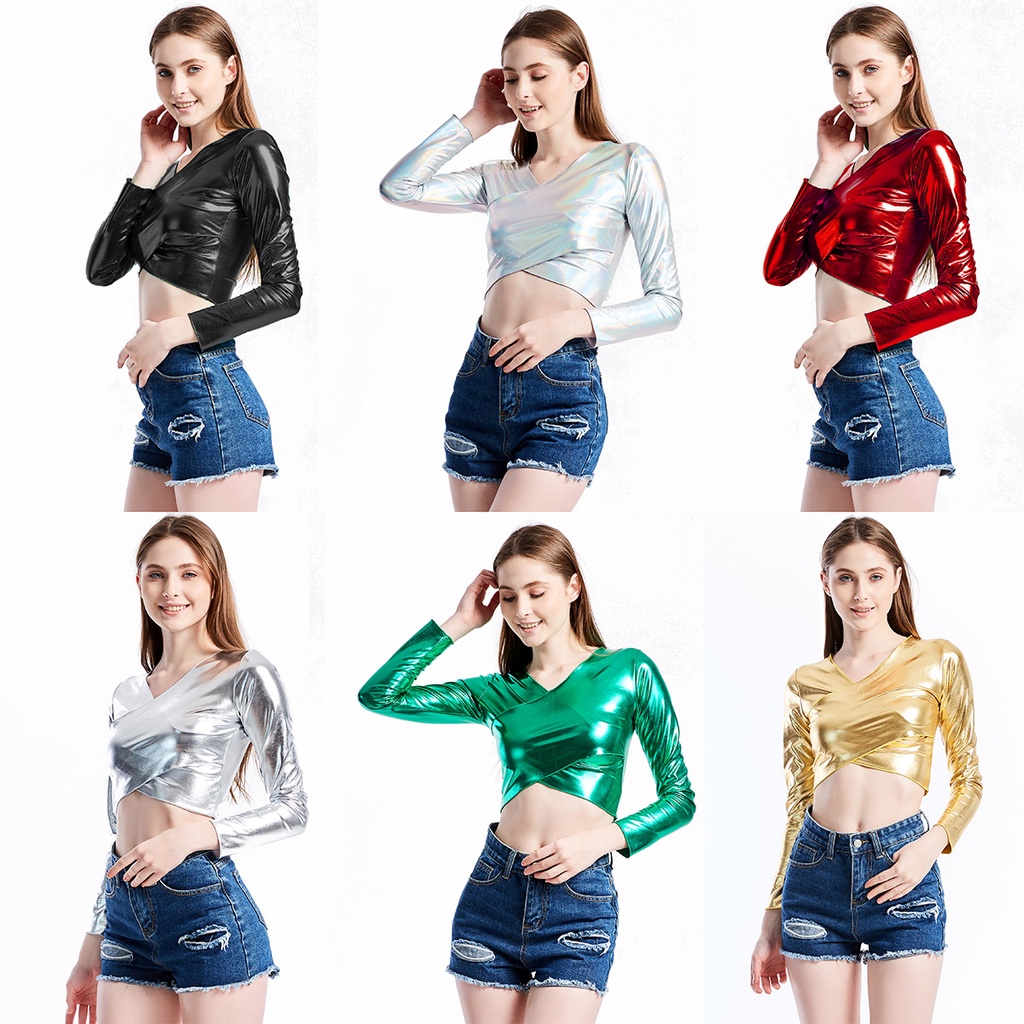 New Vintage Shiny Cropped Top Women Crossover V-Neck Harajuku Bright ...