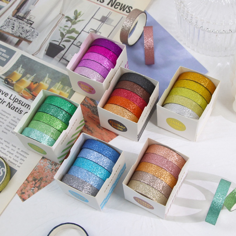 5Rolls/box Glitter Washi Tape Set Basic Masking Tape Journal Supplies ...