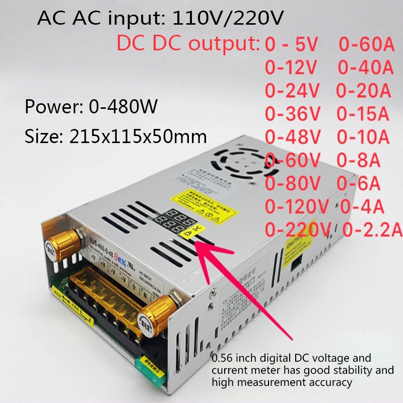 Power supply Current Limiting Adjustable Voltage 480W Digital Display ...