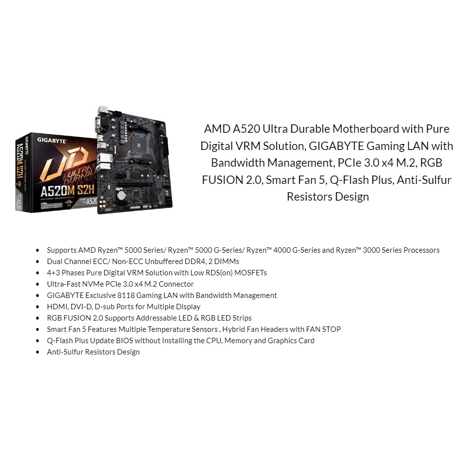 Gigabyte A520M-S2H - AMD A520 Motherboard - GIGABYTE Micro ATX w ...