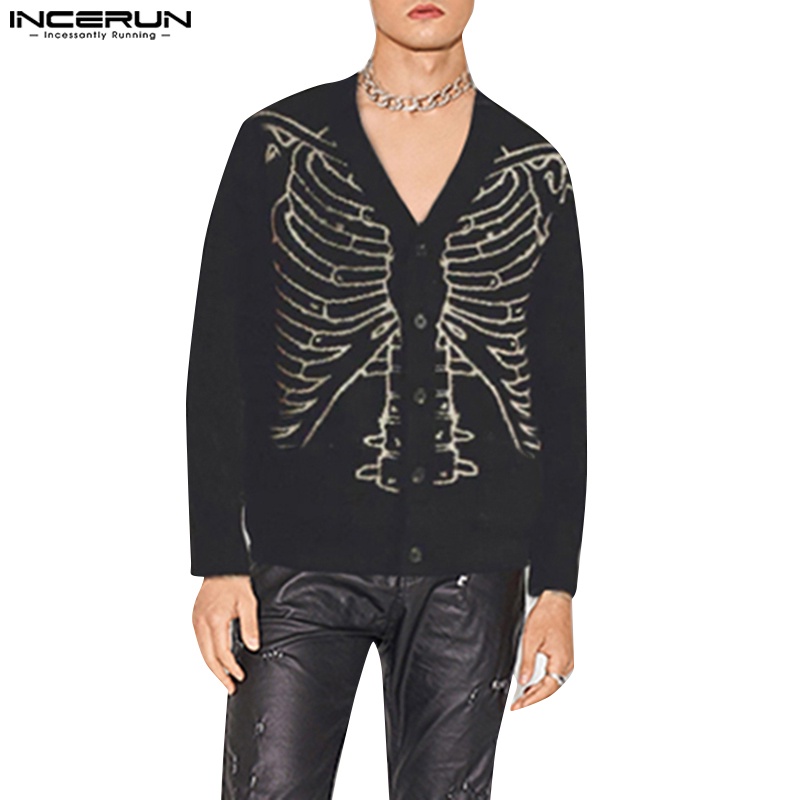 INCERUN Men's Punk Style Long Sleeved V Neck Skeleton Printed Cardigan ...