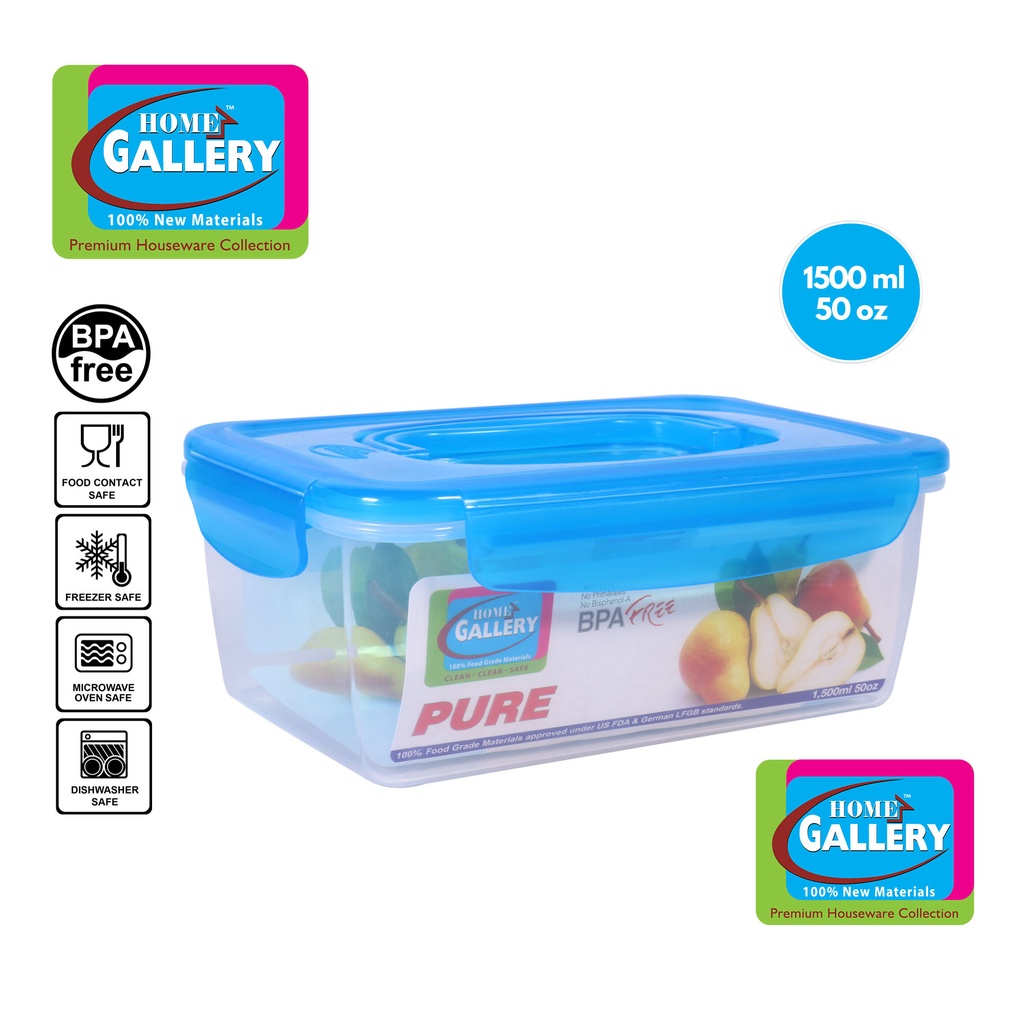 Home Gallery Pure Rectangular Food Keeper w/ Handle 1500ml/50oz | BPA ...