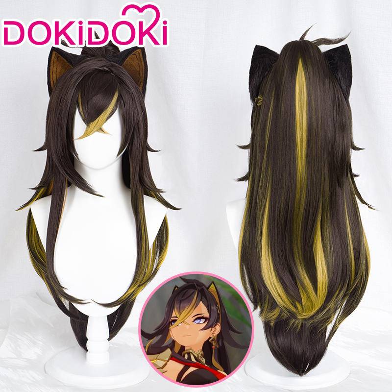 DOKIDOKI Genshin Impact dehya cosplay wig yellow highlights animal ears ...