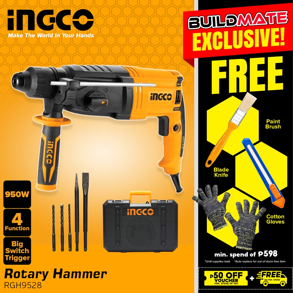 INGCO 950W SDS 28MM Rotary Hammer Drill w/ 3 Drills 2 Chisel and Case ...