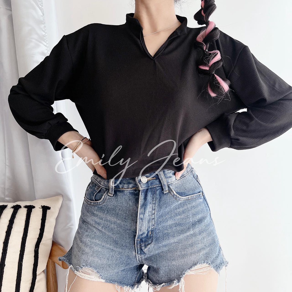 EMILY Korean Loose Waffle Knit Long Sleeve Crop Top New Trend 10705 ...