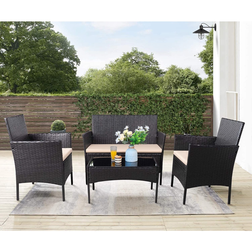 KIMDELIN Patio Furniture 4 Pieces Conversation Sets Outdoor Wicker Rattan Chairs Garden Backyard ...