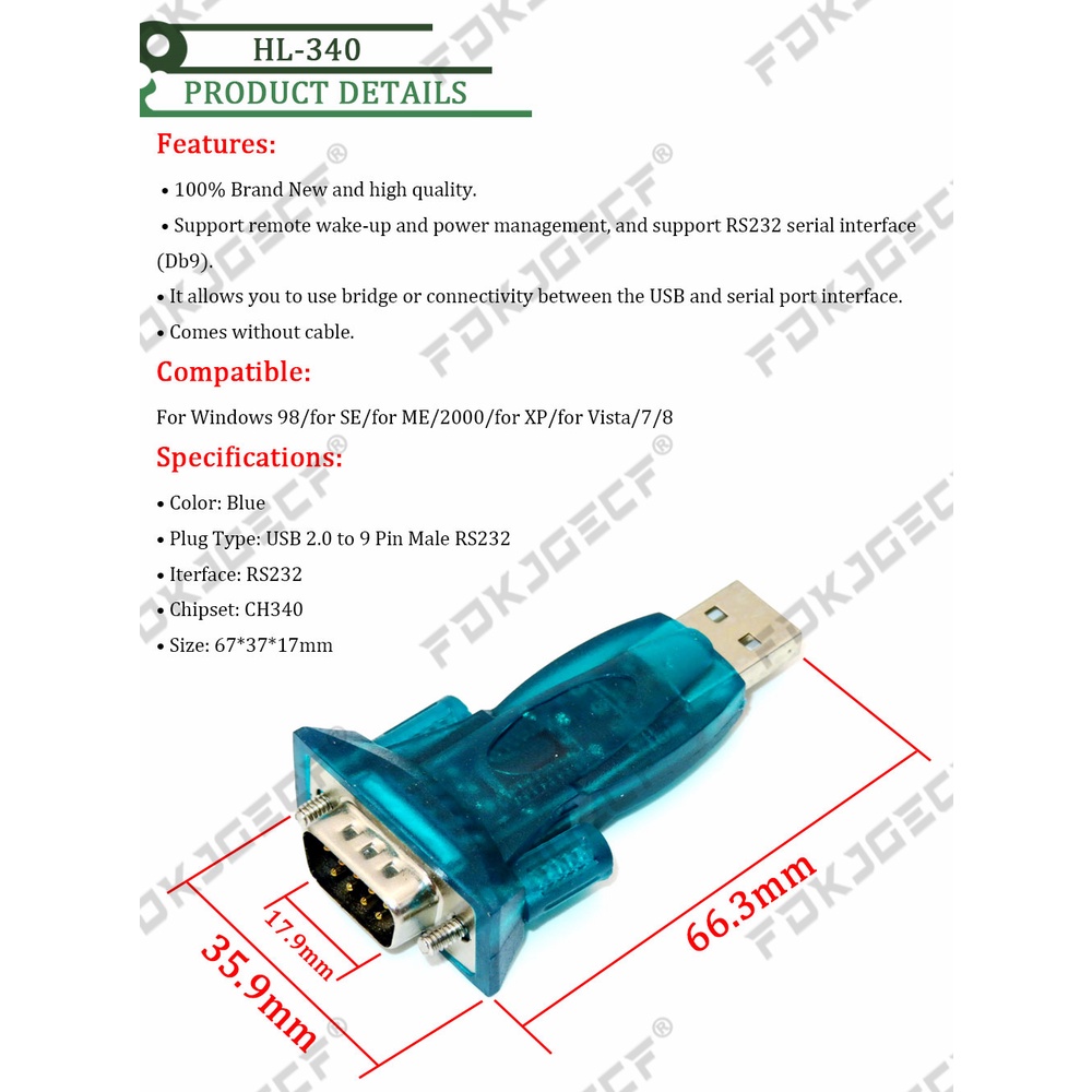 HL-340 New USB to RS232 COM Port Serial PDA 9 pin DB9 Adapter support ...