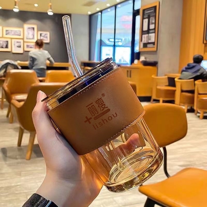 450ML LISHOU Slub Glass Straw Cup portable cup Cold Coffee Cup with Lid ...