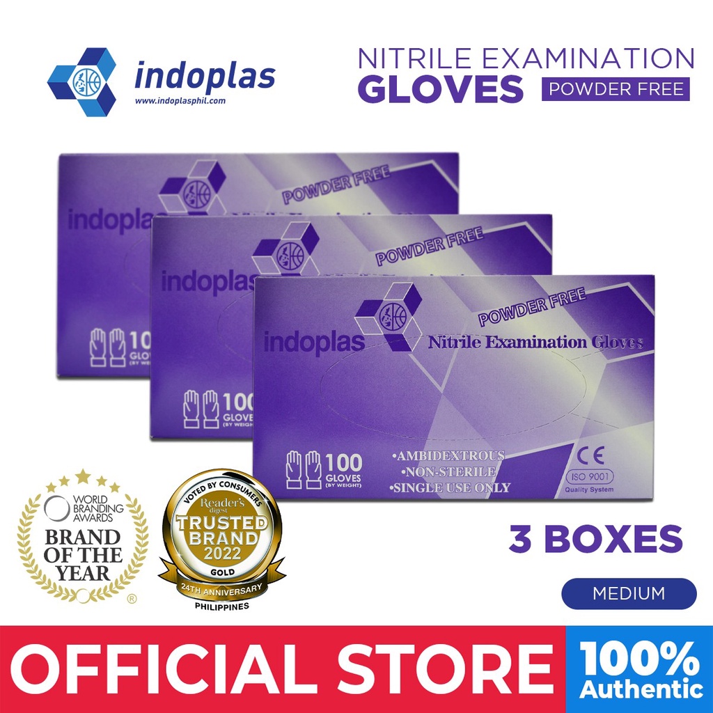 Indoplas Nitrile Examination Gloves Box of 100 (Medium) - 3 Boxes ...