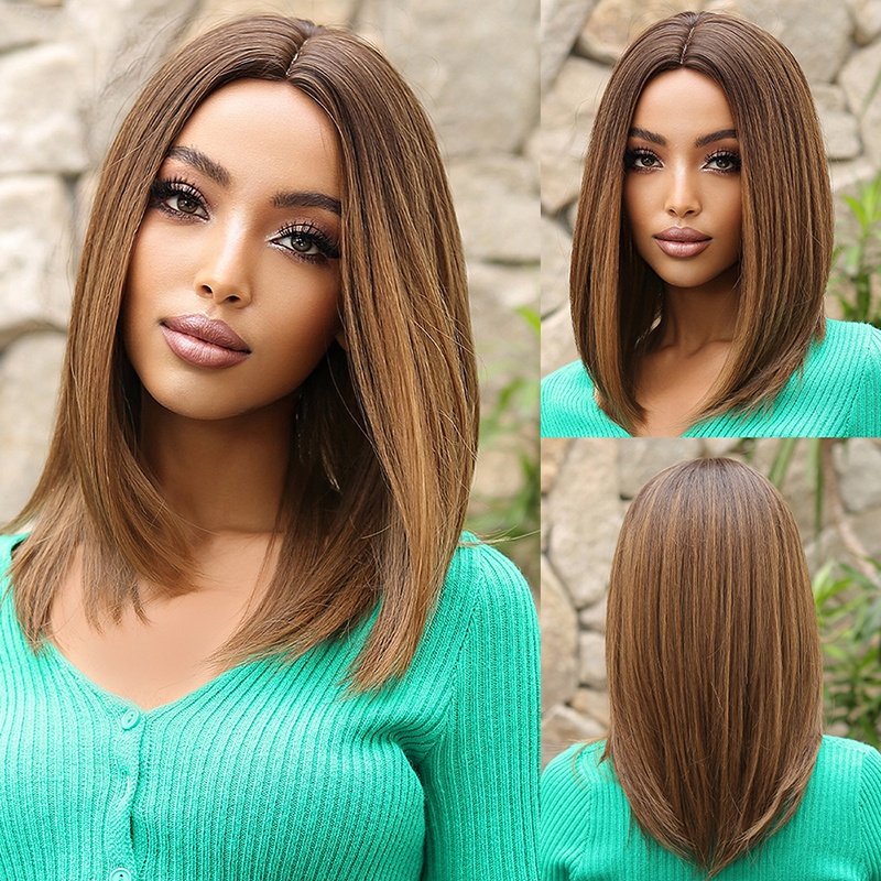 Brown BoBo Synthetic Wig with Dark Roots Shoulder Length Straight ...
