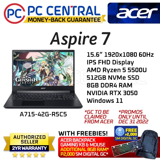 Acer Aspire 7 (A715-42g-R5c5) R5c5 Amd Ryzen 5 5500u Nvidia Rtx 3050 512gb Ssd | Shopee Philippines