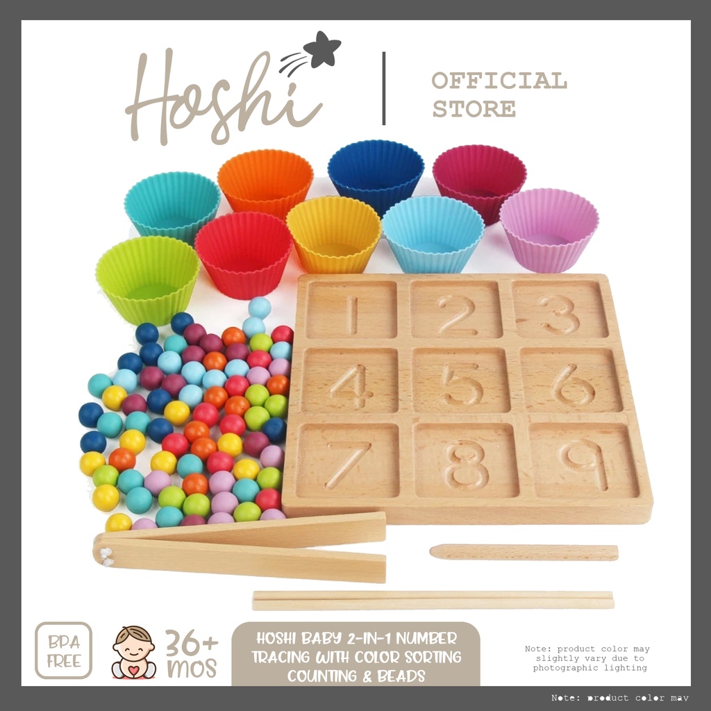 Hoshi Baby 2-in-1 Wooden Number Tracing Board w/ Counting Sorting Beads ...