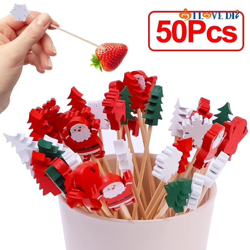 50 Pcs Disposable Christmas Tree Fruit Picks/ Fancy Snowflake Santa ...
