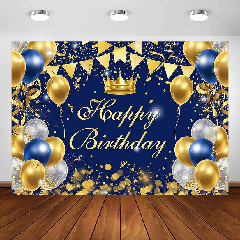 7x5ft Navy Blue and Gold Happy Birthday Backdrop for Boy Men Prince Royal Blue Gold Party ...
