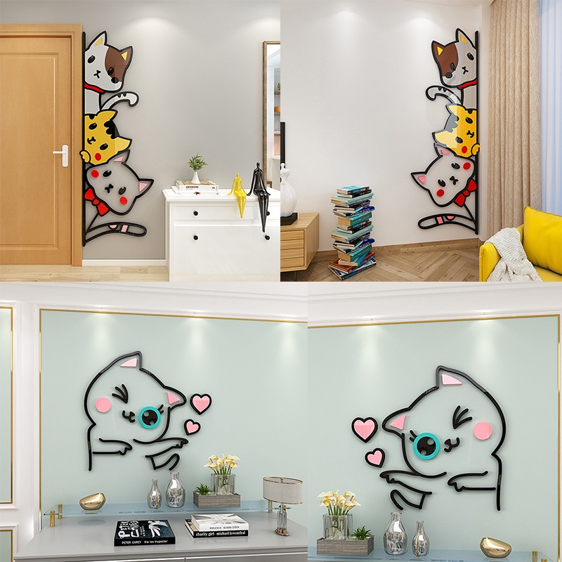 Cartoon Cute Cat Door Sticker 3D Acrylic Waterproof Self-Adhesive Wall ...