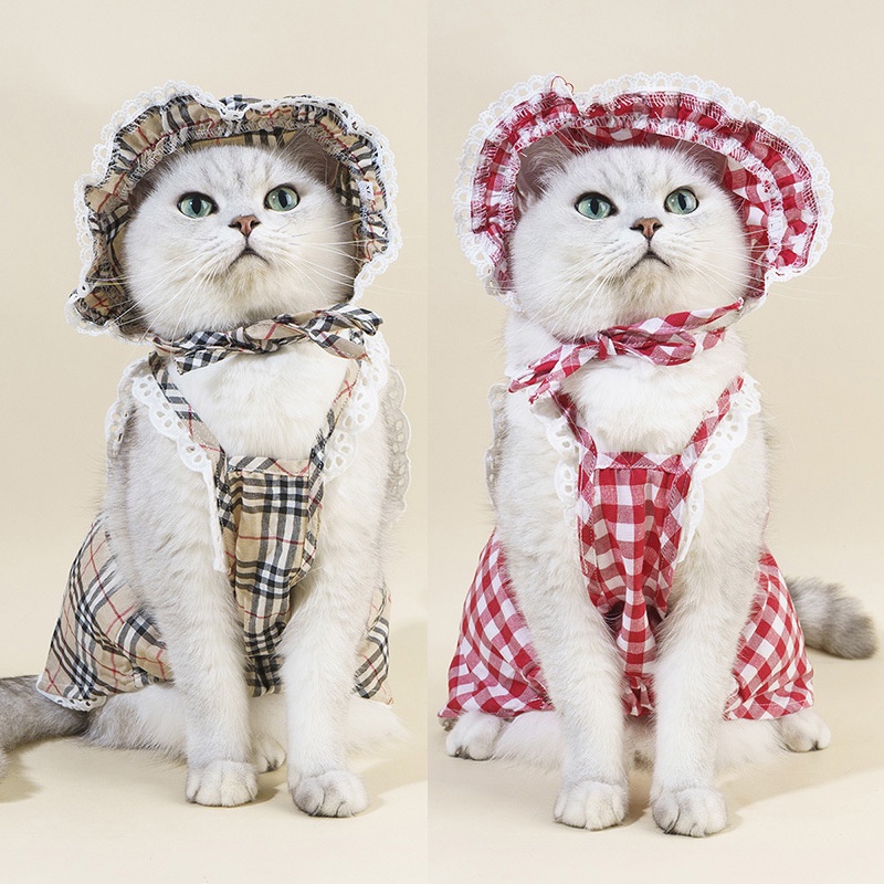 Red Plaid Dress for Cat with Hat Set Summer Pet Costume Dog Clothes for ...